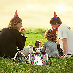 JYPS Insulated Unicorn Lunch Box for Kids, Flip Sequin Girls Tote Lunch Bags with Shoulder Strap, Handheld Reusable Lunch Box Bags Christmas Gifts for Girls at School