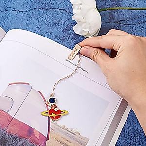 Beadthoven 8pcs Space Theme Metal Bookmarks with Chain Metal Enamel Charms Cute Astronaut Planet Rocket Metal Book Marker Page Clip Pendants for Student Kids School Office Book Reading Supplies