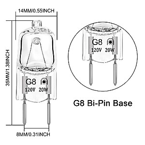 G8 Halogen Bulb 20W 120V Dimmable T4 JCD Type G8 Base Bi-Pin Xenon Bulb for Under Cabinet Puck Lights, Kitchen Hood, Landscape Lights, Warm White 2700K (10 Pack)