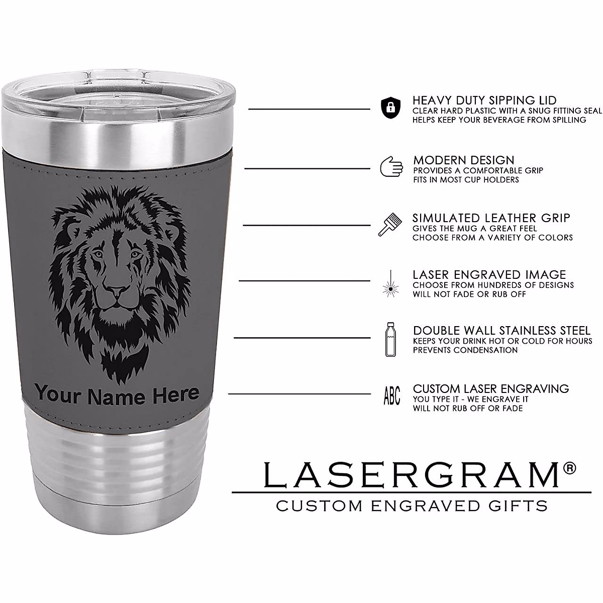 LaserGram 20oz Vacuum Insulated Tumbler Mug, Bass Fish, Personalized Engraving Included (Faux Leather, Gray)