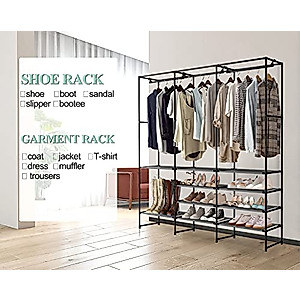 Kertnic 4-Tier Shoe, Boots Rack Storage Organizer for Entryway, Free Standing Black Versatile Shoe Shelf Stand with Coat Hanging Garment Rack for Bedroom (upgrade)