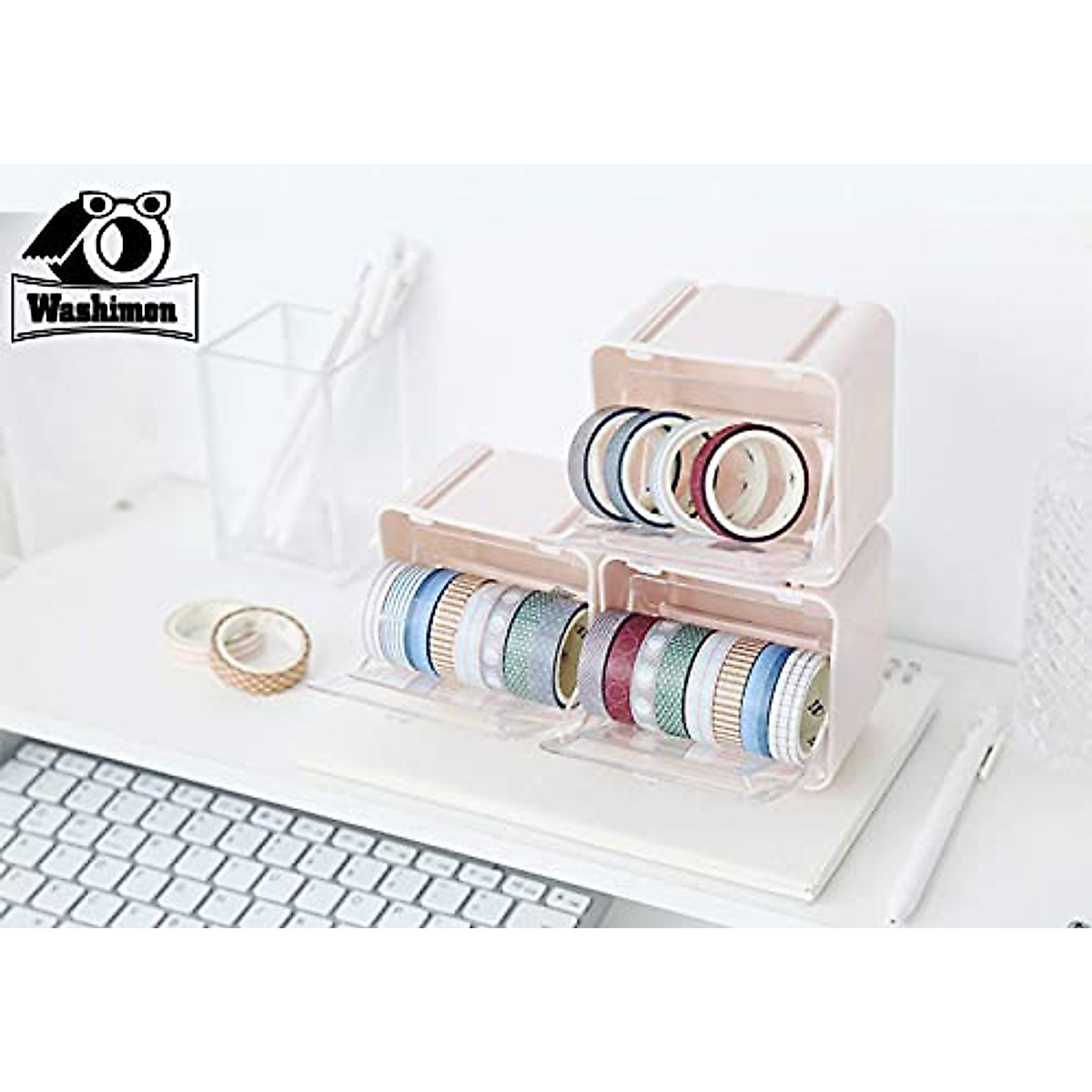 Washimon Washi Tape Organizer - Stackable Plastic Storage Box - Clear Art Supply Holder (Pink 4pcs)