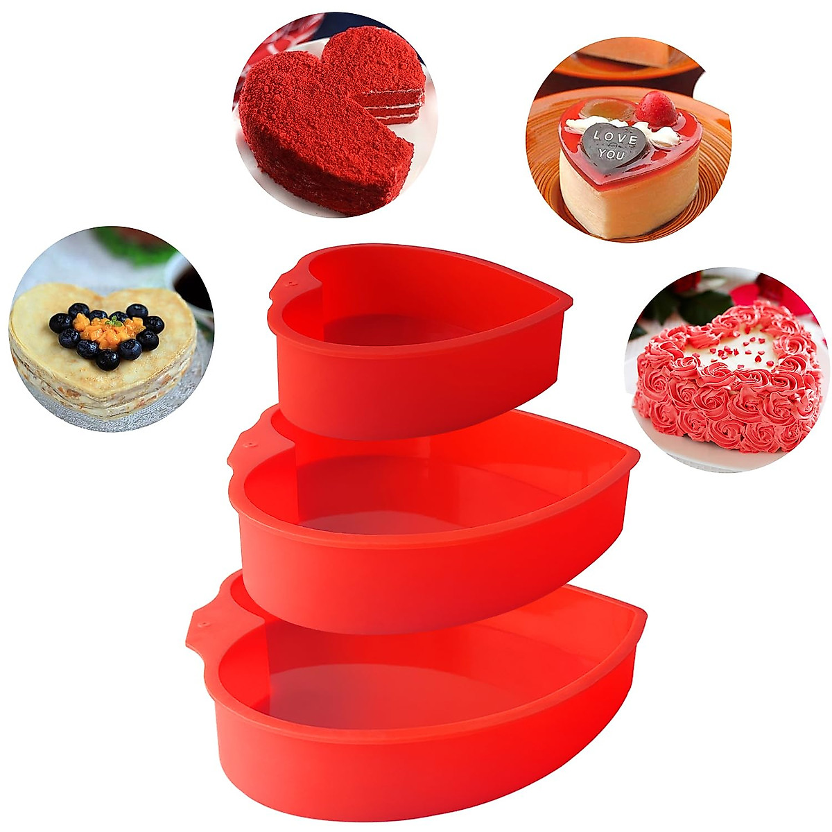 3 Pcs Cake Silicone Molds,Heart Shape Silicone Mold for Baking Homemade Dining,Reusable Silicone Fondant Mold Rainbow Mousse Cake Molds Cake Pan Air fryer Silicone Liners（8 In&6In&4In）