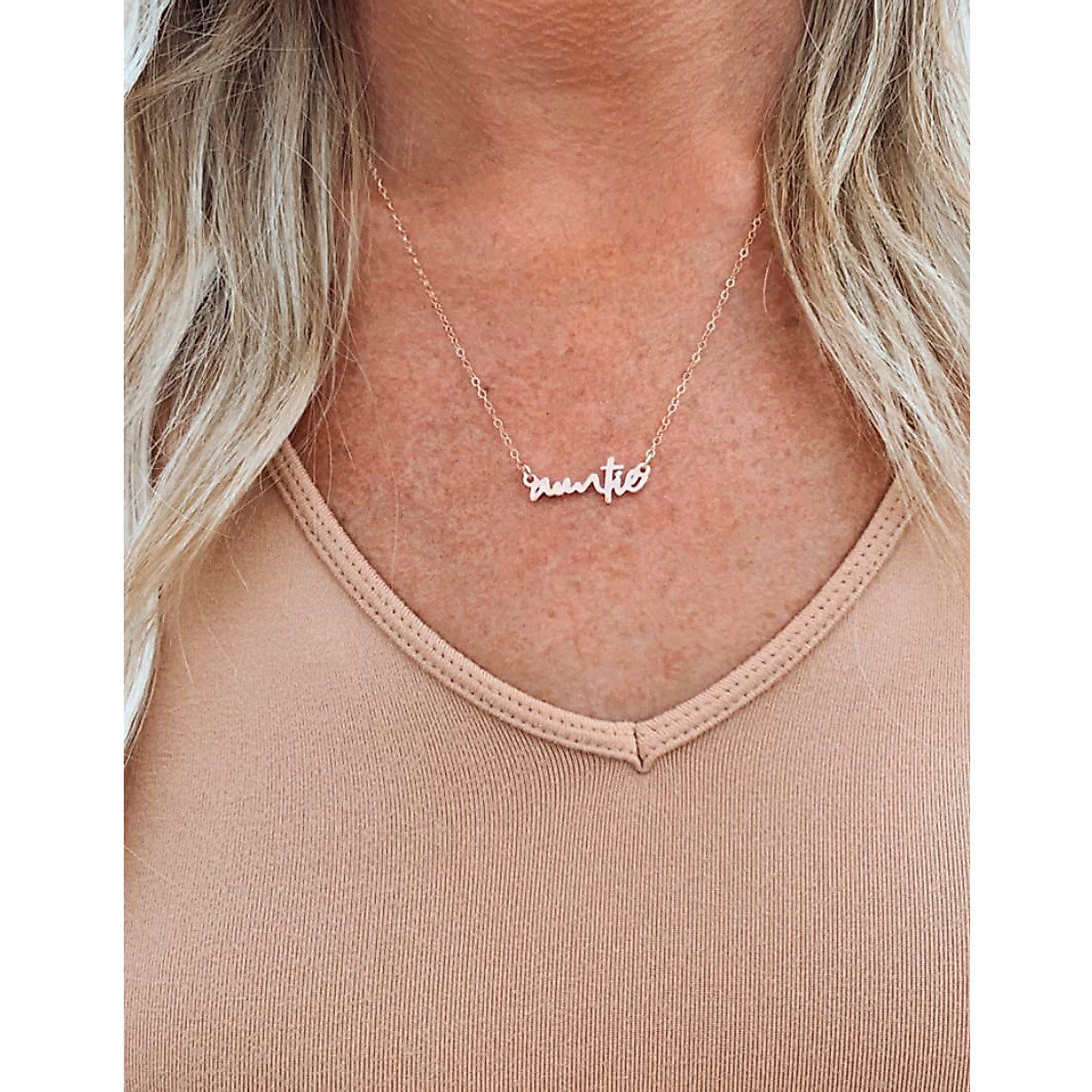 Dainty Mama, Auntie Pendant Necklace for Women, 925 Sterling Silver, Gold, or Rose Gold, Pretty Mothers Day Gift for Mom or Aunt, Personalized Mommy Charm Necklace Jewelry (Auntie - Rose Gold)