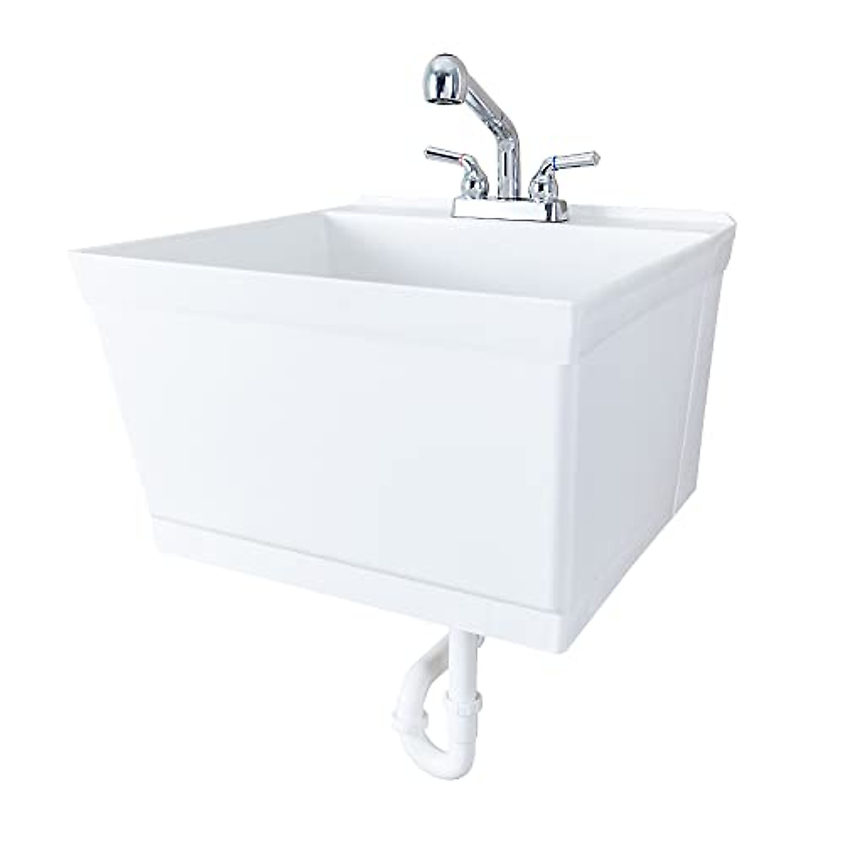 JS Jackson Supplies Tehila White Wall-Mounted Utility Sink Tub Kit with Chrome Finish Pullout Faucet, Wall-Mounted Utility Tub with Wall Bracket for Laundry Room, Garage, Workshop