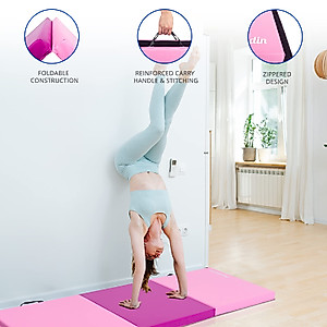 Matladin 6' Folding Tri-fold Gymnastics Gym Exercise Aerobics Mat, 6ft x 2ft x 2in PU Leather Tumbling Mats with Hook & Loop Fastener for Stretching Yoga Cheerleading Martial Arts (Purple&Pink)