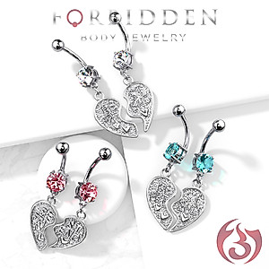 Forbidden Body Jewelry Surgical Steel Set of Best Friend Matching Aqua Jeweled Heart Belly Button Rings