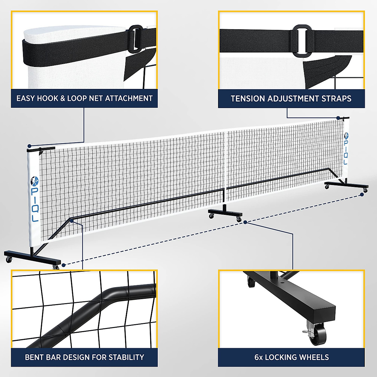 PIQL Portable Pickleball Net System with Wheels - Outdoor Indoor Regulation Size Pickleball Net Set for Driveway, Backyards with Carrying Bag and Metal Frame, Easy Assembly Official Court Size, 22 Ft