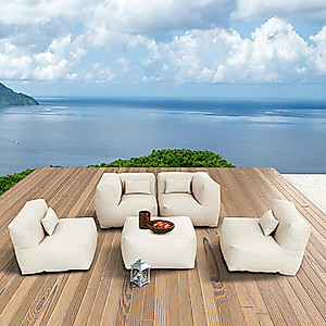 Patio Furniture Set Bean Bag Chairs Calaluna 5PC Outdoor Chairs Sectional Conversation Patio Set Daybed Furniture Outdoor Sofa Couch High Density Foam Filling Modern Comfy Patio Couch (light beige)