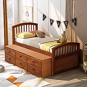 BOVZA Twin Size Platform Bed Frame, Wooden Storage Bed with Headboard and Footboard, 6 Storage Drawers, for Bedroom, Walnut
