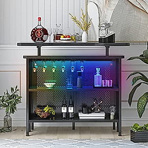 Mjkone Wine Bar Cabinet with LED Lights by Remote Control, Coffee Bar Cabinet for Liquor and Glasses, Home Bar Unit with Wine Rack, Mini Bars with Storage (Black)