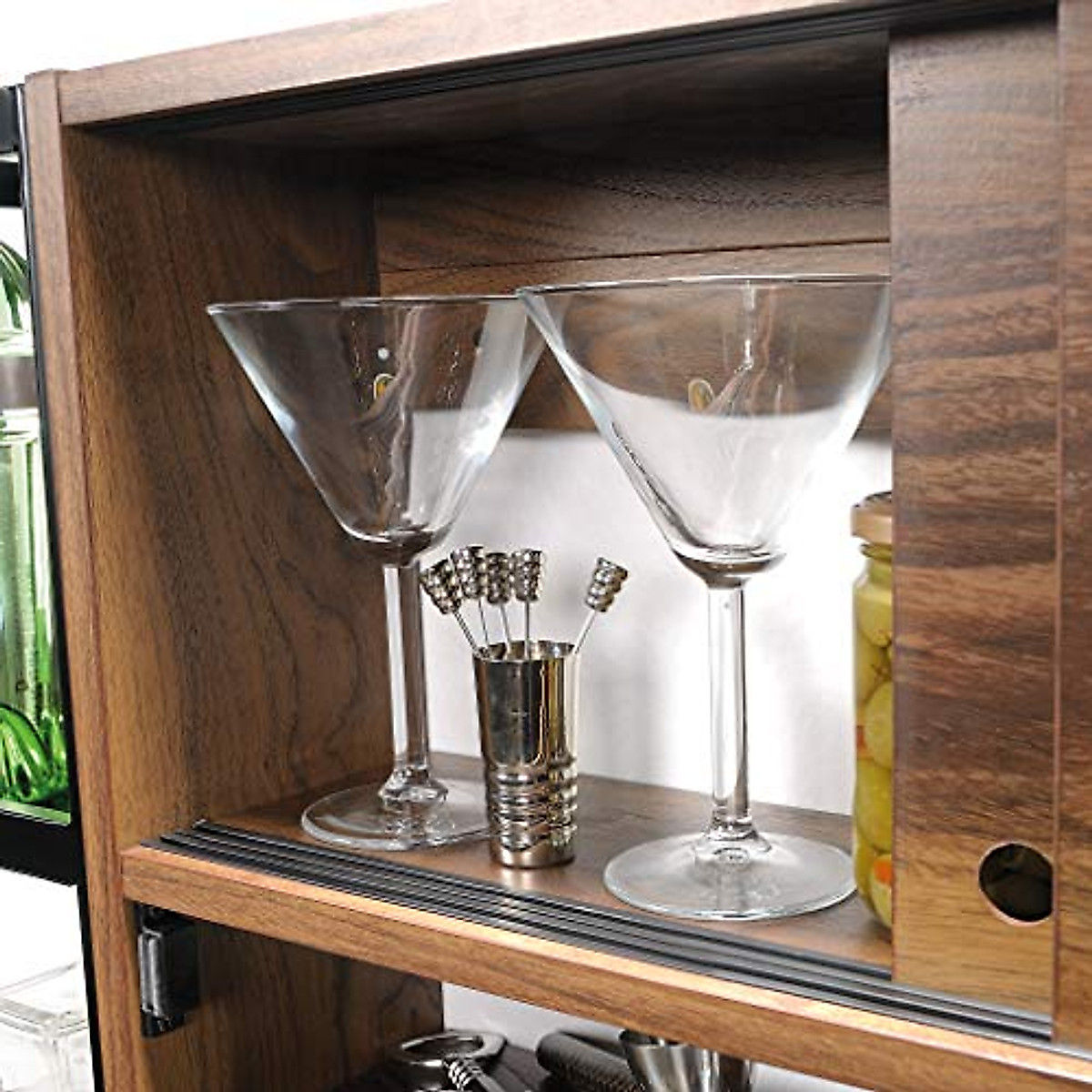 Sauder Harvey Park Wall Bar, L: 33.27" x W: 5.91" x H: 25.0", Grand Walnut Finish