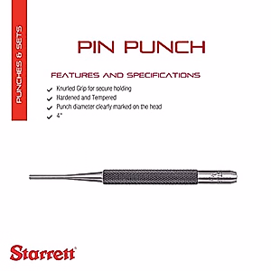 Starrett Drive Pin Punch with Knurled Grip for Driving Pins Into or Out of a Workpiece - Hardened and Tempered Steel, 4" Length, 3/32" Punch Diameter - 565B