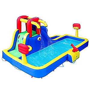 WELLFUNTIME Inflatable Water Park with Blower, Slide with Water Cannon and Double Basketball Rings