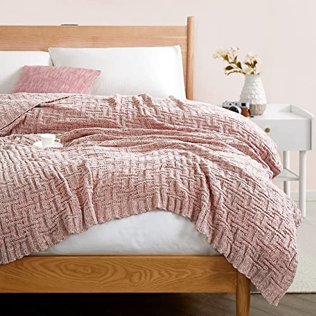Milvowoc Fluffy Chenille Knitted Throw Blanket 50 x 60 Inch Impressive Texture Dusty Rose Chenille Knit Blanket for Bed Sofa Couch Chair and Living Room