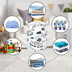 Clastyle 45L Urban Traveling Animals Elephant Nursery Laundry Basket Lion Tiger Train Round Toy Clothes Storage Basket for Kindergarten, 14.2x17.7 in