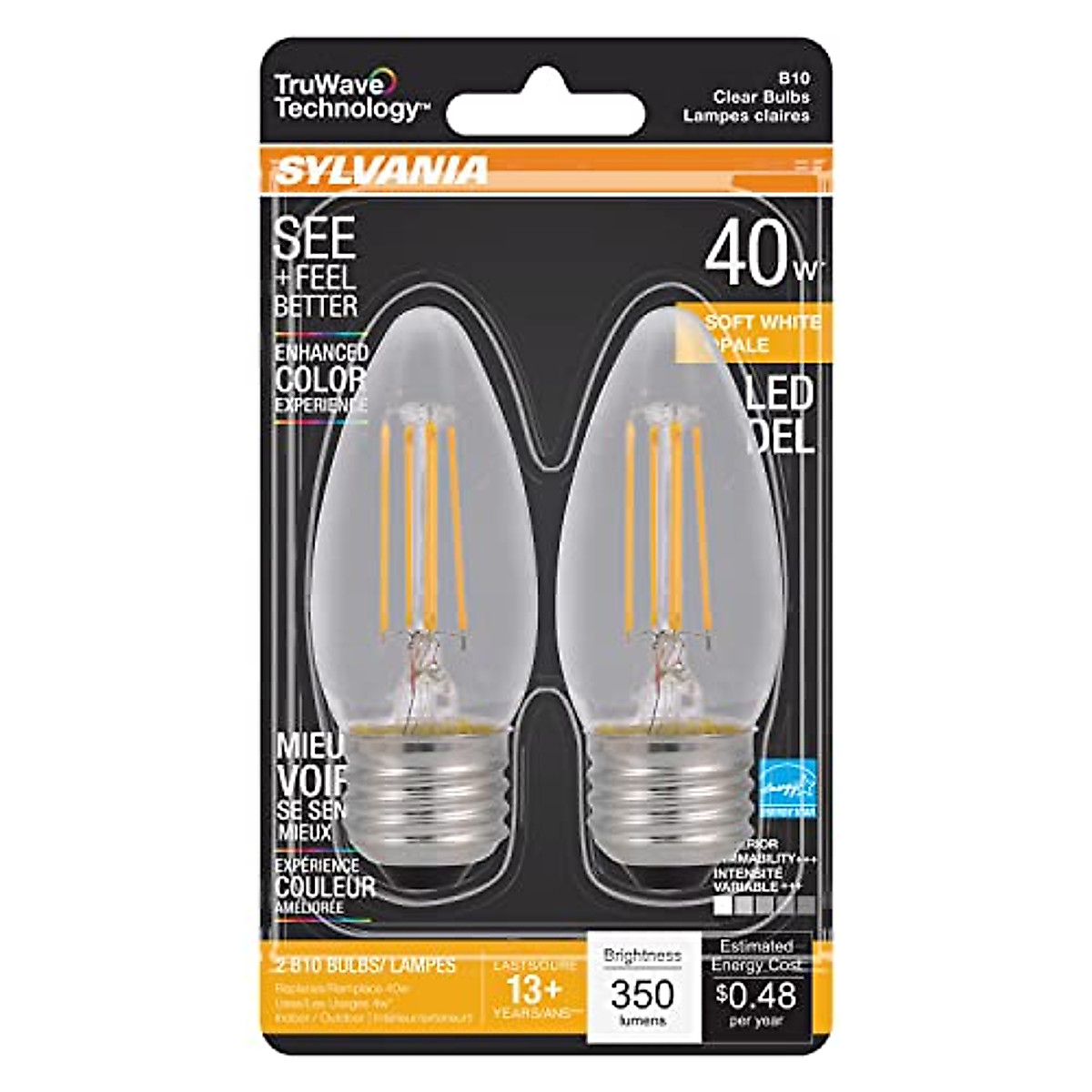SYLVANIA LED TruWave Natural Series Candelabra Light Bulb, 40W Soft White Medium Base, Dimmable, Clear, Blunt Tip - 2 Pack
