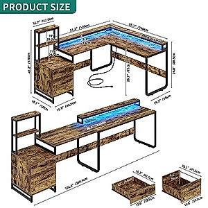 YITAHOME L Shaped Desk with Power Outlets & LED Lights, Reversible Computer Desk with Drawers & Hutch, Corner Desk Office Desk with Monitor Stand, Printer Stand, 2 Person Desk, Rustic Brown