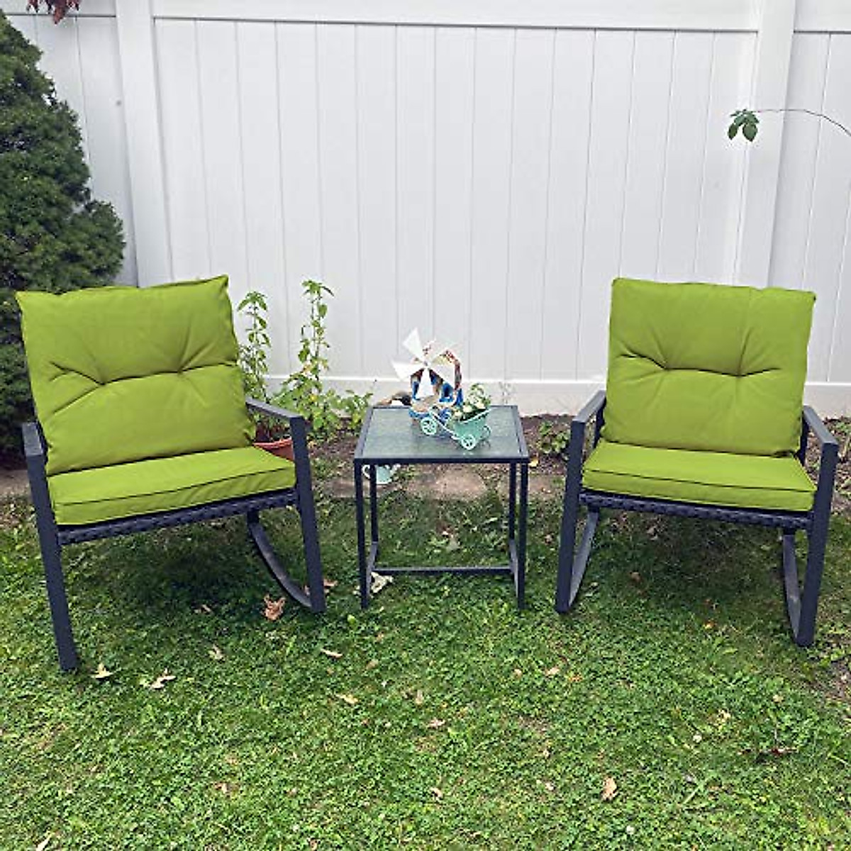 Pyramid Home Decor 3-Piece Rocking Bistro Set - Durable & Stylish Synthetic Wicker Outdoor Furniture - Glass Coffee Table with 2 Chairs for Balcony, Patio & Porch - Black Metal, Soft Green Cushions
