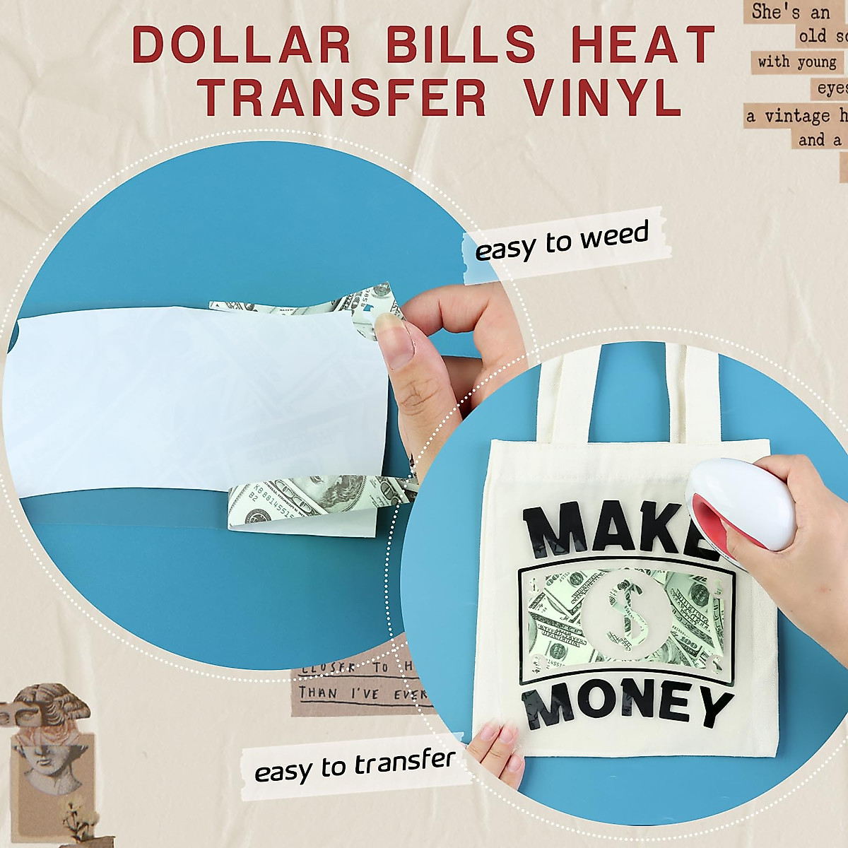 HTVSTD Heat Transfer Vinyl Roll - Hundred Dollars Patterned HTV Vinyl Heat Transfer Vinyl HTV Money Patterned Iron On Vinyl for T-Shirts Heat Transfer Vinyl for Fabrics (12inches*5ft)