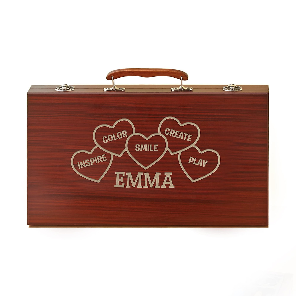 Let's Make Memories Personalized 80-Piece Deluxe Art Set - for Kids - Wood Carrying Case - Oil Crayons, Colored Pencils, Watercolors - Arts & Crafts - Add Their Name - Creative Hearts