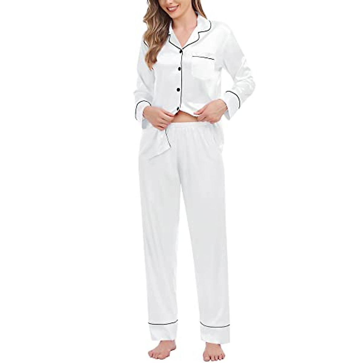 SWOMOG Womens Satin Pajamas Long Sleeve Sleepwear Silk Soft Button Down Loungewear Pjs Set S-XXL White X-Large