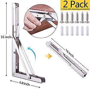 Folding Shelf Brackets 16 Inch, Pynsseu Heavy Duty Stainless Steel Collapsible Wall Mounted Shelf Bracket for DIY Table Work Bench, Space Saving DIY Wall Bracket, 2 Pack