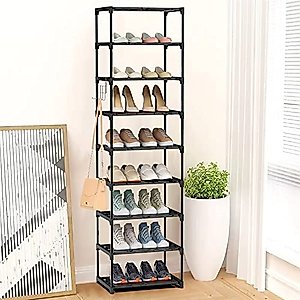 MBOSS 9 Tiers Tall Narrow Shoe Rack for Entryway, 18-20 Pair Shoes Vertical Shoe Rack and Space-Saving Stackable,Shoe Rack Storage Organizer with Hooks for Living Closet, Garage, Bedroom,Cloakroom