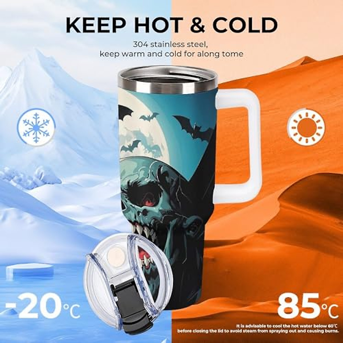 QWJKM Vampire Fangs Tumbler with Handle Large Insulated Car Cup 40 OZ Stainless Steel Travel Mug Leak Proof Water Bottle with Lid And Straw for Car Home Office Gifts