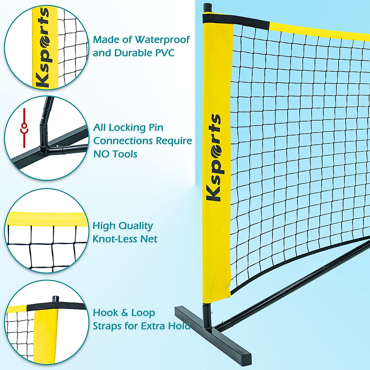 Ksports Regulation 22 feet Pickleball Net Bundle, can be Used as Recreation Tennis or Badminton Net Blue, Comprises of One Net, 4 LED Shuttlecocks, Carry Bag and 2 Pickleballs (Yellow)