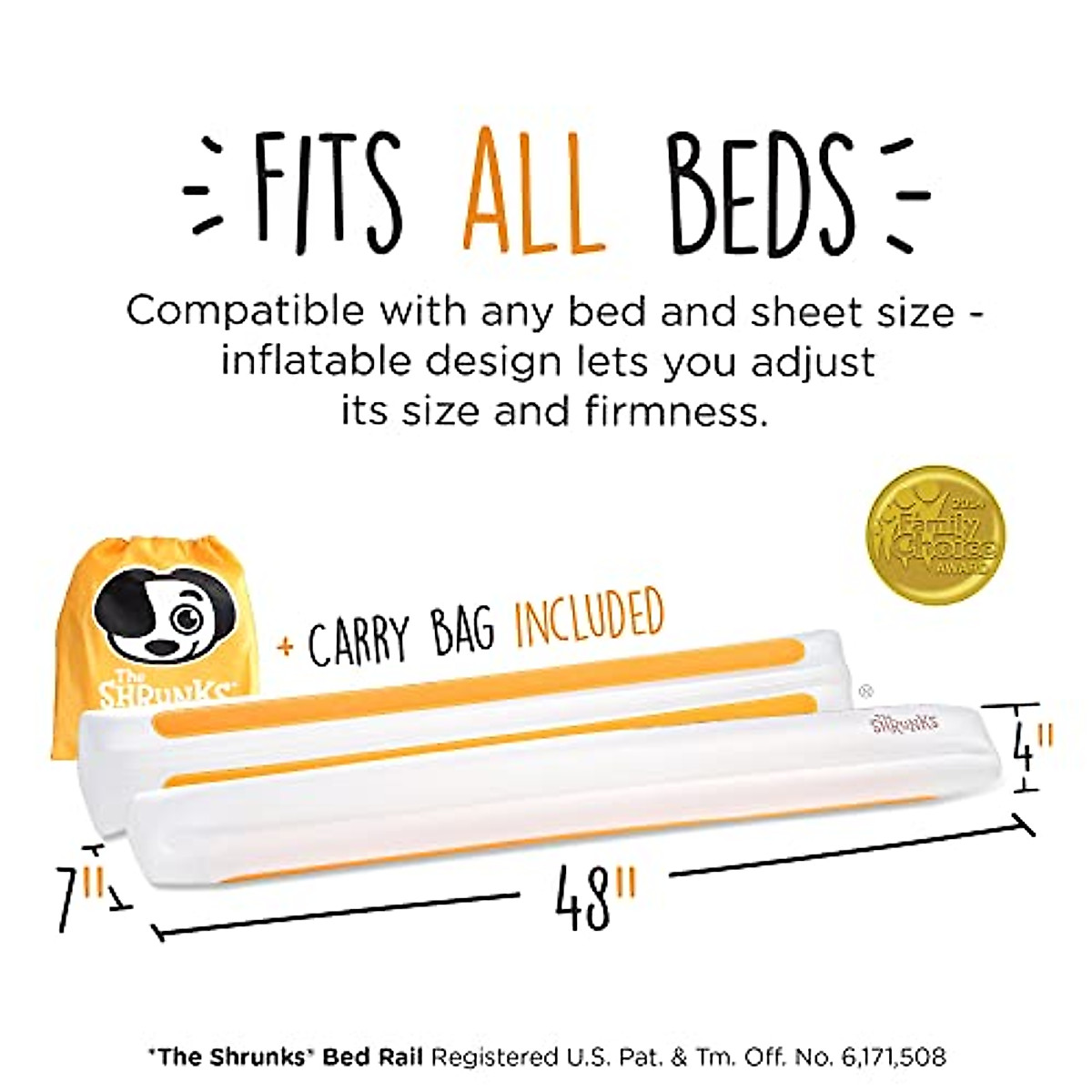 {2-Pack} Shrunks Inflatable Bed Rail for Toddlers, Kids, Adults, and Elderly | Portable Bed Bumpers for Toddlers Travel or Home | Blow Up Bed Guard Rail for Twin, Full, Queen, King Size Beds