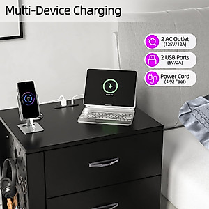 VINGLI Nightstand with Charging Station, Led Nightstand with Pegboard & Hooks, 3 Drawer Nightstand, Smart Nightstand, Wood Nightstand Bedroom, Modern Nightstand, Bedside Table, End/Side Table, Black