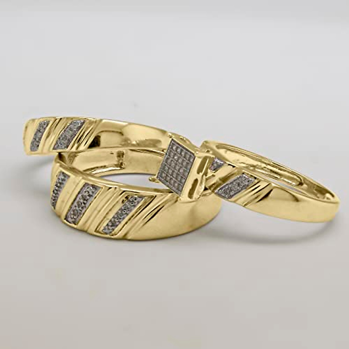 Pretty Jewels 10k Yellow Gold 0.20 Carat (ctw) Round Cut Natural White Diamond Three Row Anniversary Wedding Trio Ring Sets For His & Her (Color: H-I, Clarity: I1-I2) Wsize-4.5 & Msize-9.5