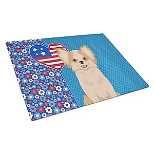 Caroline's Treasures WDK5165LCB Longhaired Gold and White Chihuahua USA American Glass Cutting Board Large Decorative Tempered Glass Kitchen Cutting and Serving Board Large Size Chopping Board