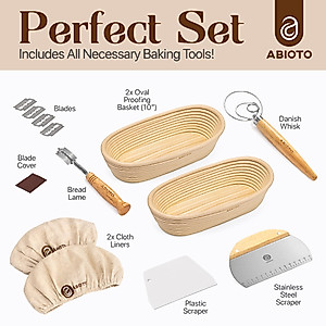 ABIOTO 2 10 Inch Oval Proofing Baskets for Sourdough Bread Baking & Supply, Includes All Necessary Bread Making Tool, Banneton Baskets, Bread Lame, Danish Whisk, Bowl & Dough Scrapers & Linen Liners