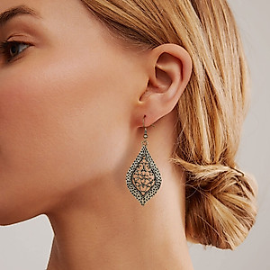 MJartoria Antique Teardrop Hook Dangle Earrings with Filigree Flower Pendant Lightweight Drop Earrings for Womens Hammered Earrings Indian Vintage Bohemian Jewelry