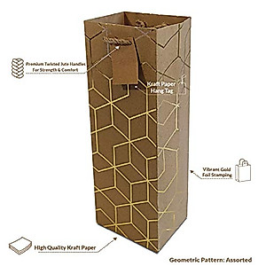 Wine Gift Bags - 12 Pack Brown Kraft Designer Paper Wine Bottle Bags with Handles, Gold Geometric Assorted Prints Gift Wrap for Parties, Weddings, House Warming, Holidays, Bachelorette, Bulk - 5x4x14