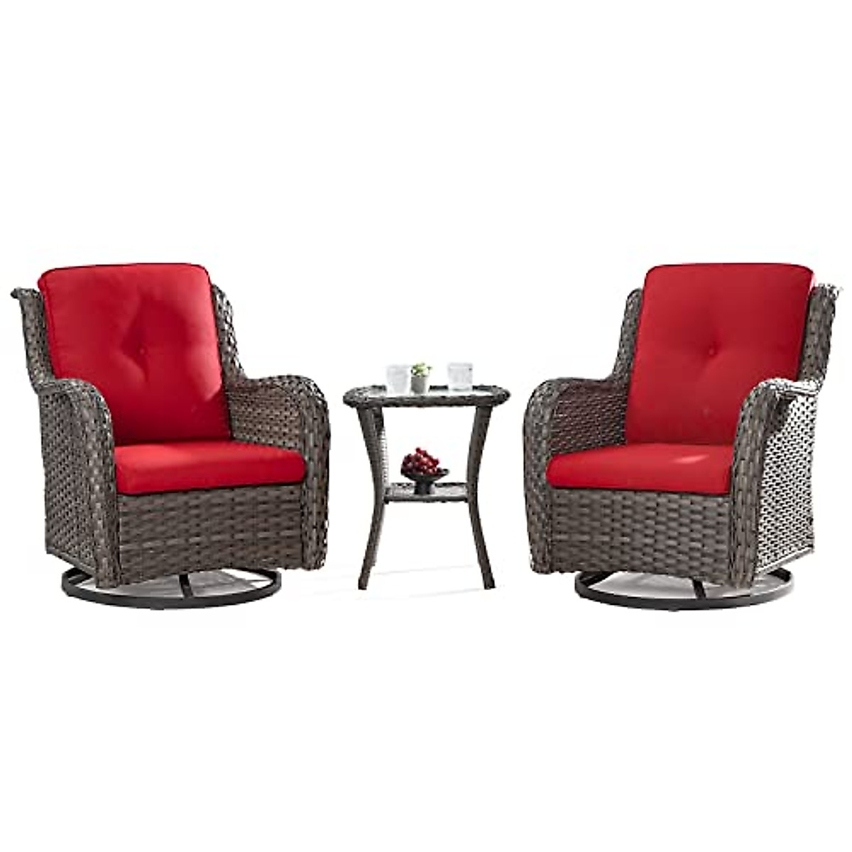 Joyside Outdoor Swivel Rocker Patio Chairs Set of 2 and Matching Side Table - 3 Piece Wicker Patio Bistro Set with Premium Fabric Cushions(Brown/Red)