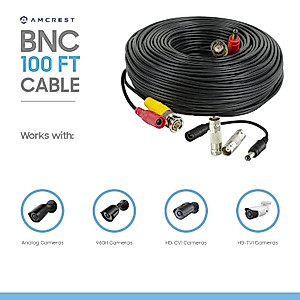 Amcrest 100 Feet Pre-Made All-in-One Siamese BNC Video and Power CCTV Security Camera Cable with Two Female Connectors for 960H & HD-CVI Camera and DVR (SCABLEHD100B)