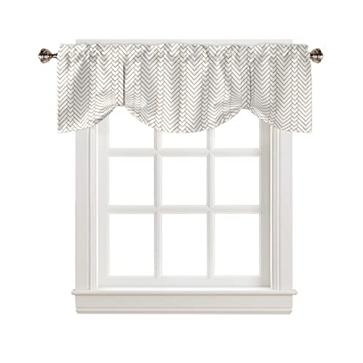 Semi Sheer Valance Adjustable Kitchen Valance for Windows, Modern Herringbone Geometric White and Gold Valances for Bathroom Bedroom Living Room, Tie-up Rod Pocket Decorative Window Curtain 42"x18"