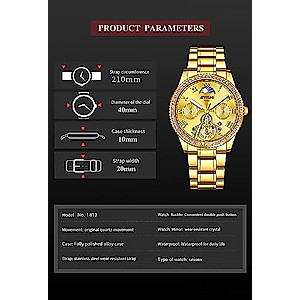 AIYISHI Unisex Golden Watches Luxury Diamond Fashion Waterproof Stainless Steel Luminous Calendar Date Quartz Wrist Watch for Men and Women (Gold dial)