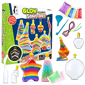 Sand Art Kit for Kids, Glow in the Dark Sand Art Bottles and Necklaces, Arts and Crafts STEM Toys for Boys and Girls, 8 Art Sand Colors Including 2 Glow in the Dark, Craft Gift for Boys and Girls 3+