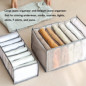 Dongyue 2Pcs 7 Grids Wardrobe Clothes Organizer Jeans Wardrobe Organizer Washable Mesh Kids Drawer Organizer suit for T-shirt,Legging,Skirts,Jeans,Kid Clothes (Grey, Large+Medium)