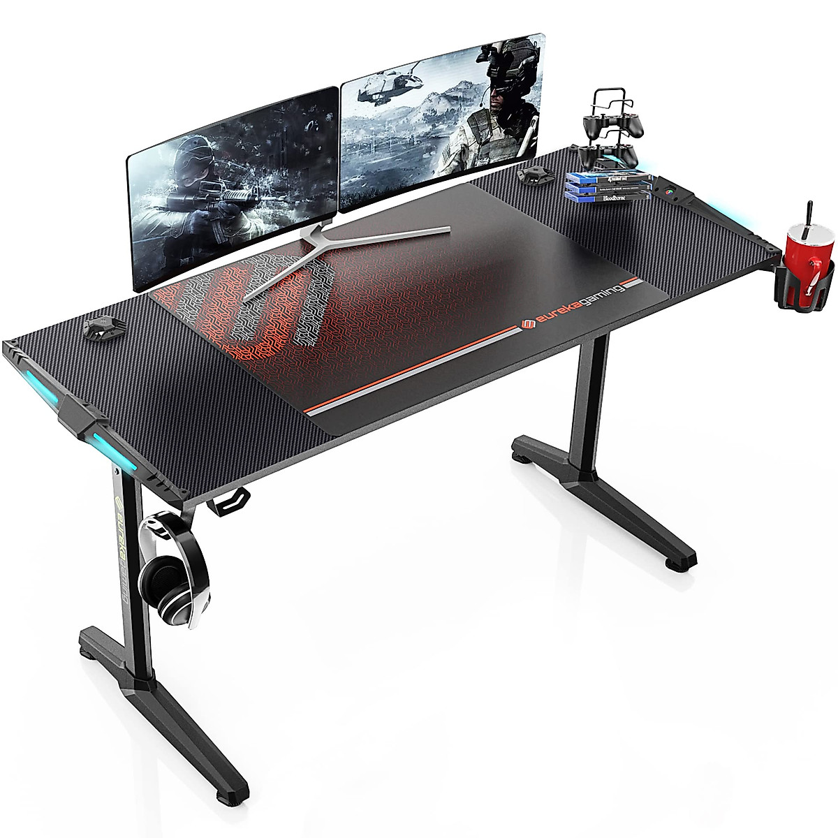 DESIGNA 55 Inch Gaming Desk with Led Lights, RGB Large Gaming Computer Desk with Free Mouse Pad,PC Gaming Table Gamer Desk Workstation with USB Handle Rack, Cup Holder,Headphone Hook, Black