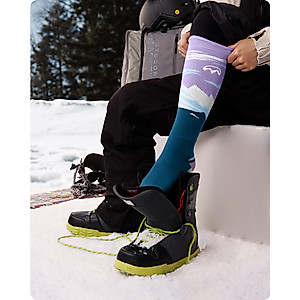 OutdoorMaster Ski Socks, 2-Pair Pack Skiing and Snowboarding Thermal Socks for Women with Over the Calf Design w/Non-Slip Cuff, Mountain Patterns - Lavender, Medium