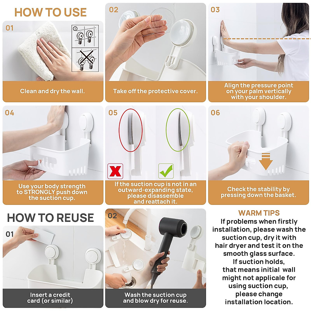 LEVERLOC Shower Caddy Suction Cup 2 Pack, Shower Organizer Removable Bathroom Shelf, Storage Suction Powerful Max Hold 22lbs Bathroom Caddy Waterproof Holder, White