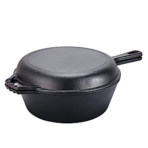 Bruntmor 2-in-1 Pre-seasoned Cast Iron Dutch Oven and Skillet Set -5 Quart Black Cookware with Handles - Dutch Oven with Lid - Enameled Cast Iron Cookware for Braising, Frying, Camping, and Indoor Use