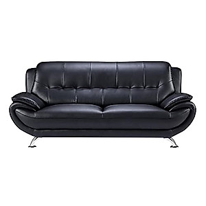 Benjara Leatherette Upholstered Wooden Sofa with Bustle Back and Stainless Steel Legs, Black