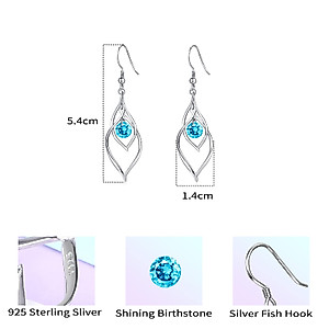 March Birthstone Dangle Drop Earrings - 925 Sterling Silver Aquamarine Double Twist Leaf Linear Swirl Earrings Infinity Blue CZ Birthstone Fishhook Earring, Classic Birthday Jewelry for Women