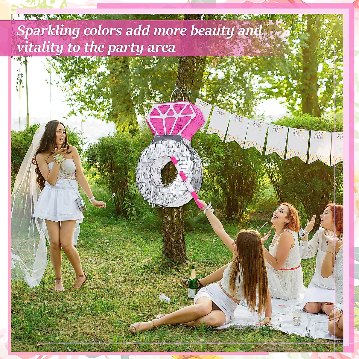 Diamond Ring Piñata for Engagement Princess Piñata Bridal Bachelorette Party Supplies Wedding Theme Decoration with Blindfold and Stick, 15 x 10 x 3 Inches(Pink)